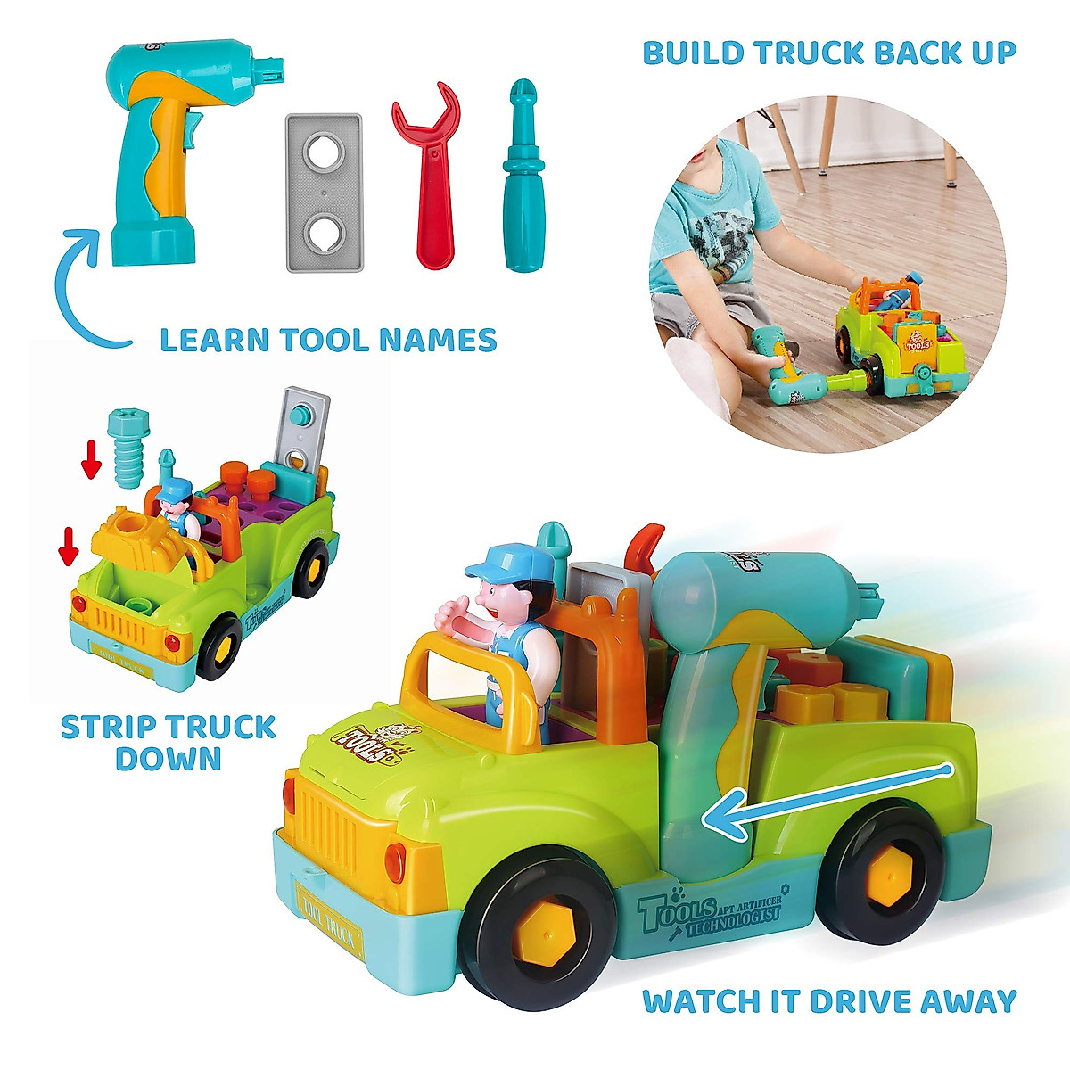 Little Mechanic Take Apart Truck - Stem Toys Construction Tool Truck w/Electric Drill and Power Tools, Lights and Music - Bump and Go Action - Developmental Toys for 36+ Months Year Old Boys Girls