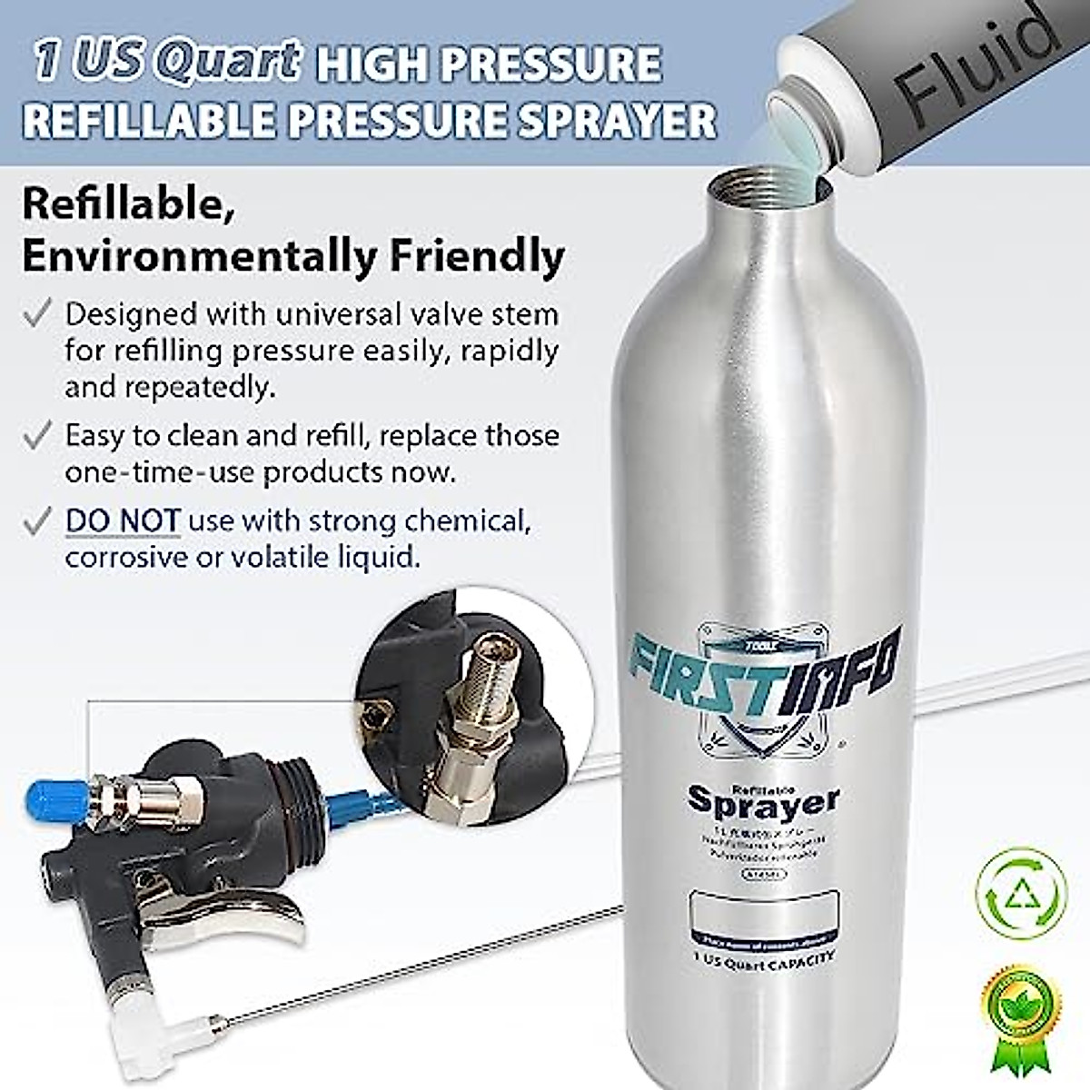 FIRSTINFO A1638L Patented Max. Pressure 140psi / 1000ml Thickened Aluminum Canister Refillable High Pressure Aerosol Spray Can/Pneumatic Compressed Air Sprayer