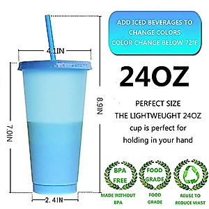 Color Changing Cups Set Cooler 24oz Reusable Plastic Cold Drink Cups with Lids and Straws for Adults Straws In Bright Colors, 5 Iced Coffee Cup, Smoothie Cups with Lids and Straws, Tumbler with Straw