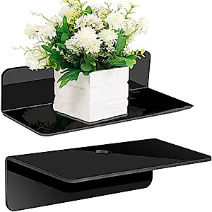 XZJMY 2 Pack Acrylic Shelves Small Acrylic Floating Wall Shelves,Wall Mounted Storage Shelf Small Wall Display Shelf for Bluetooth Speakers/Security Cameras with Cable Clips (2, Black)