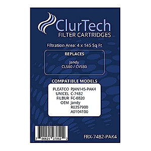 ClurTech FRX-7482-PAK4 4 Pack Jandy CL580 CV580 PJAN145-PAK4 C-7482 FC-0820 R0357900 A0104100 Replacement Pool or Spa Filter Cartridge, White