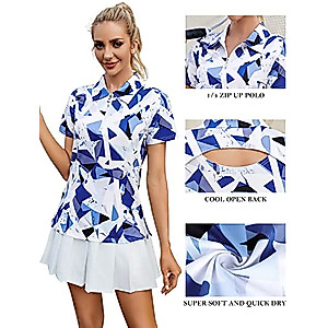 Golf Polo Tops Short Sleeve,Cucuchy Workout Shirts 1/4 Zip Up Fast Dry Stretchy Open Black Sun Protection Athletic Shirts Running Tennis Yoga Hiking Cycling Blue 2XL