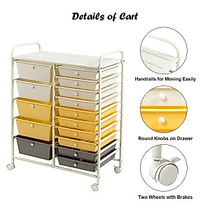 MEDIMALL 15 Drawers Rolling Storage Cart, Multipurpose Craft Storage Cart with Wheels, Mobile Tools Scrapbook Paper Organizer Cart for School Home Office Use (Yellow)