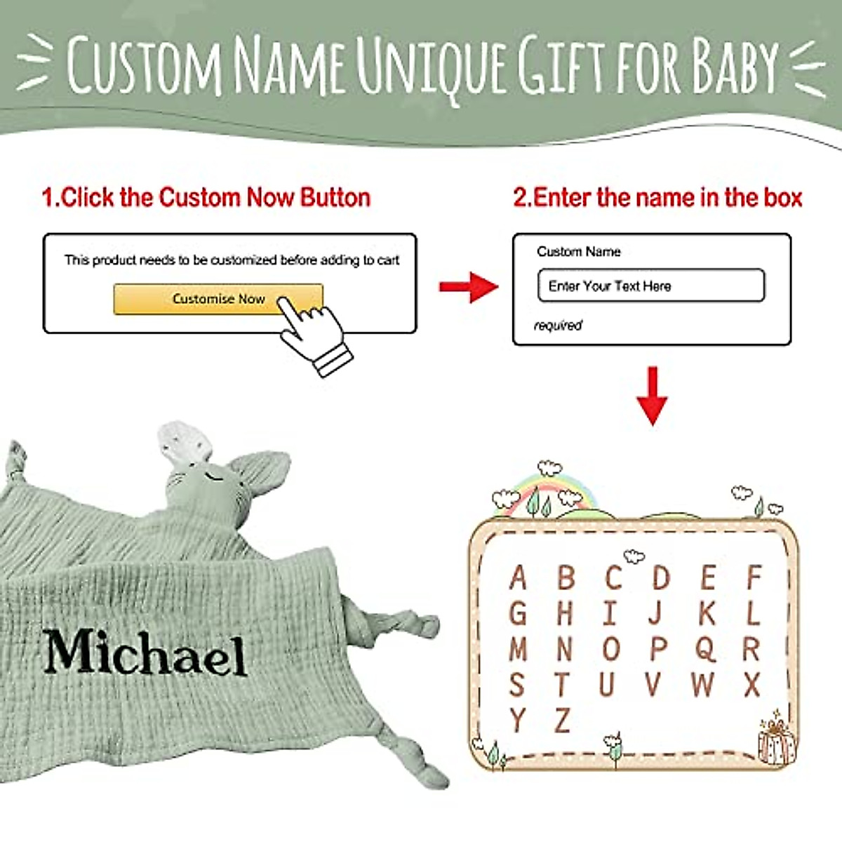 TYRY.HU Personalized Security Blanket with Name, Embroidered Baby Comforter, Organic Cotton Muslin Lovey Security Blanket, Soft & Breathable Lovie Baby Gifts for Boys and Girls, Green