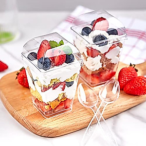 Zezzxu 50 Pack 5 oz Dessert Cups with Dome Lids and Spoons Mini Parfait Cups Clear Plastic Tasting Appetizer Bowls for Fruit Ice Cream Pudding Mousse