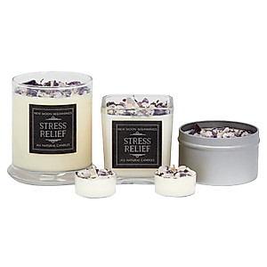 Stress Relief Candle by New Moon Beginnings - Lavender Scented Candle - Dried Flower & Crystal Candles - All Natural Essential Oil Soy Candle (8 Ounce Round Tin)