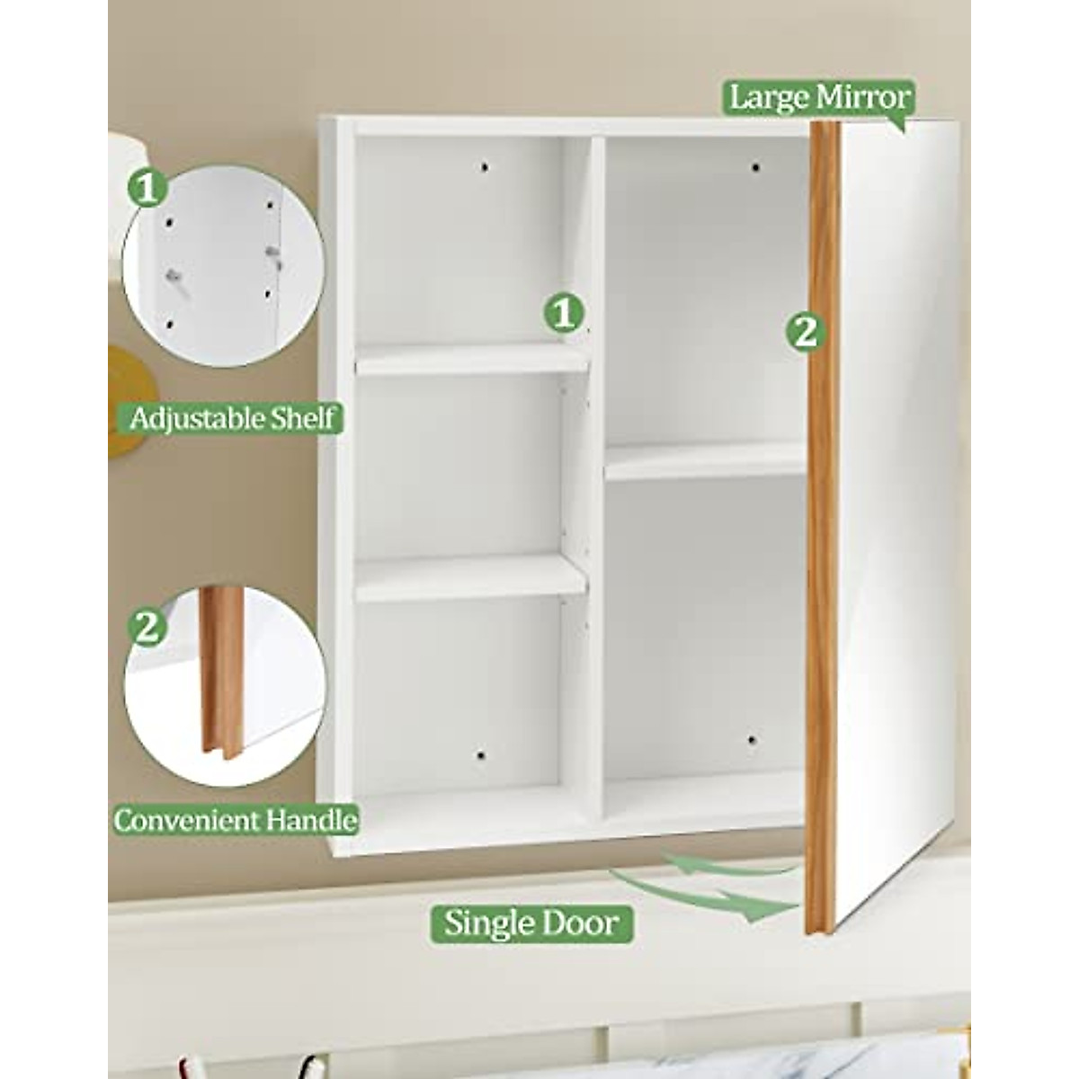 VredHom Bathroom Wall Mirror Cabinet, Medicine Cabinet with Single Door and Adjustable Shelf, Over The Toilet Storage Cabinet，White