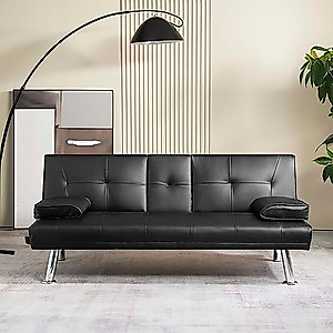 RIDFY 66.5” Modern Futon Sofa Bed with Metal Legs/2 Cupholders, Convertible Folding Upholstered Loveseat, Memory Foam Living Seat with Removable Armrests for Compact Spaces/Apartments/Office (Black)