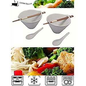 Tasse Verre Porcelain Noodle Soup Bowl w/Bamboo Chopsticks and Ceramic Spoon 20 oz, 2-Pack