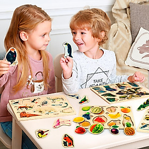 QUOKKA Toddler Puzzles Ages 2-4 in a Bag – 6 Montessori Wooden Puzzles for Toddlers 3-5 Year Old – Preschool Wood Game for Boys and Girls 4-6 – Gift for Learning Realistic Animals Fruits Vehicles