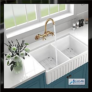 Aolemi Wall Mount Kitchen Faucet 6 Inch Center with Swivel Spout Adjustable Spread 2 Cross Handle Basin Sink Mixer Tap, Antique Brass, H&C Label
