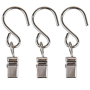 Oubest 50 Pcs S Hook with Clip for Hanging Halloween/Christmas/Party Ornaments-Curtain Clips/String Lights Hangers -Heavy-Duty Nickel-Plated Steel for Indoor/Outdoor Utility & Decor