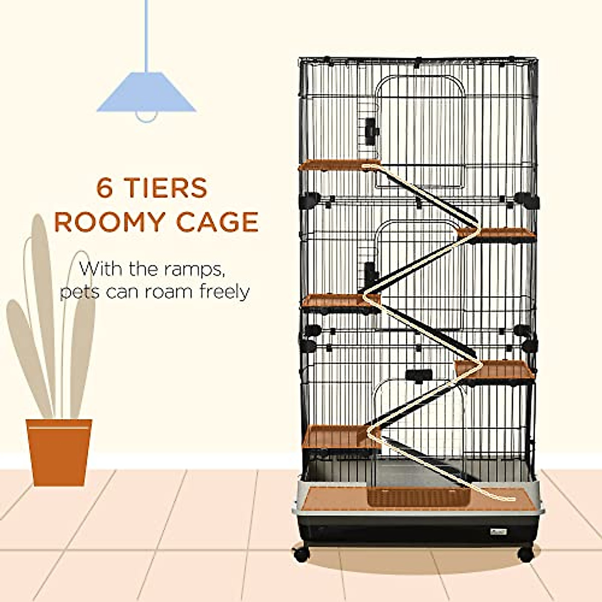 PawHut 60" Small Animal Cage with Wheels, 6-Level Portable Bunny Cage, Chinchilla Ferret Cage with Removable Tray, Platforms and Ramps, Black