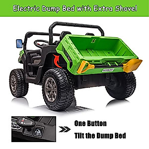 Sopbost 24V Ride On Toys for Big Kids 2 Seater Battery Powered Off-Road Kids UTV 4x75W Motors 4WD EVA Wheels Side by Side Electric Ride On Dump Truck with Electric Dump Bed, Shovel, Green