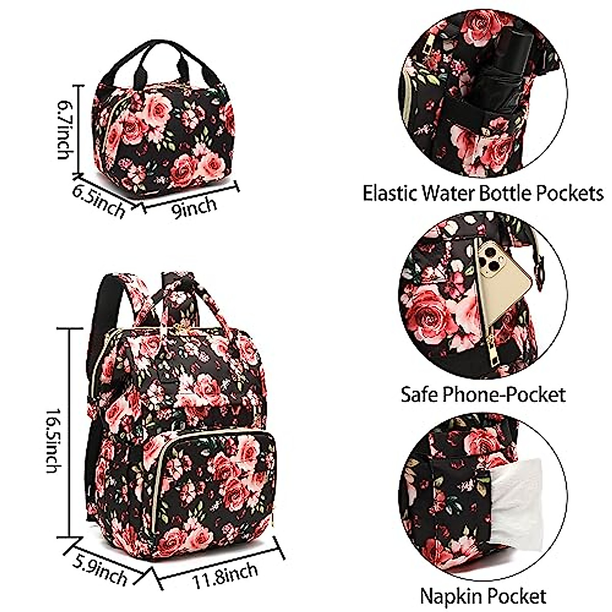 Goodsnetic Laptop Backpack for women Cute Laptop Bag Computer Bag Floral Laptop Purse with USB Charging Port, 15.6-Inch,2 PCS, Black