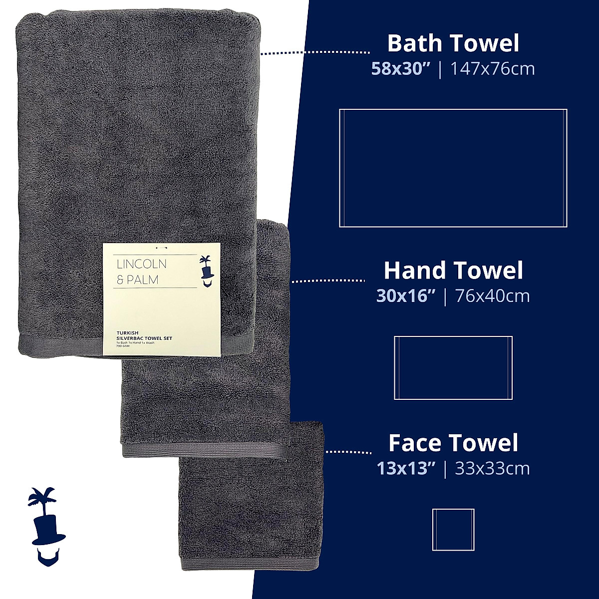 Lincoln & Palm 3 Piece Turkish Towels Set, Thick, Soft, Plush 700 GSM Spa & Hotel Quality, Silver Infused SILVERbac | Bath 58x30, Hand 30x16, Face Wash Cloth 13x13 (3 Piece Towel Set, Charcoal)