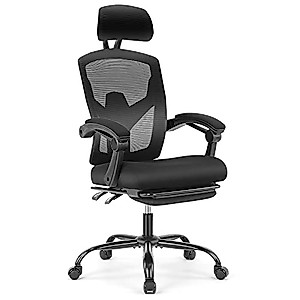 Ergonomic Home Office Chair High Back Executive Desk Chair with Armsrest and Adjustable Headrest, Mesh Computer Chair with Retractable Footrest and Lumbar Support (Black)