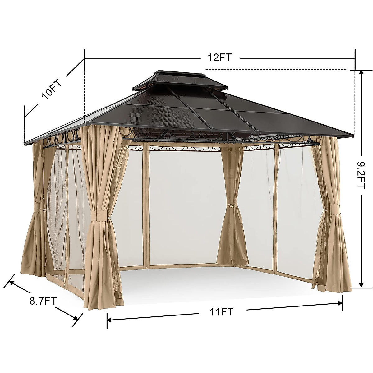 COOSHADE 10×10 Polycarbonate Roof Patio Gazebos Double Vent Waterproof Outdoor Gazebo with Curtains and Mosquito Netting (Dark Grey)