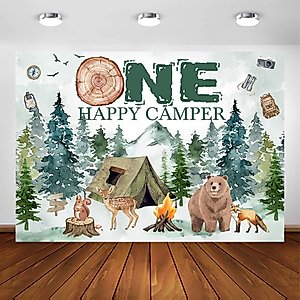 Avezano One Happy Camper Backdrop Boys' 1st Birthday Party Decoration Background Forest Adventure One Happy Camper First Birthday Decorations Photoshoot Banner (7x5ft)
