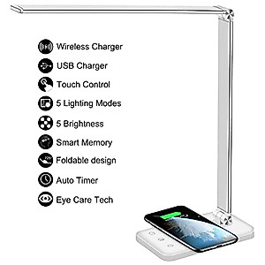 AFROG Multifunctional LED Desk Lamp with Wireless Charger, USB Charging Port, 5 Lighting Modes,5 Brightness Levels, Sensitive Control, 30/62 min Auto Timer, Eye-Caring Office Lamp with Adapter