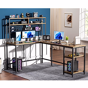 VEELOK L Shaped Desk with Hutch - 67" L Shaped Gaming Desk with LED Lights, Corner Computer Desk with Storage Shelves, L Shaped Office Desk with Pegboard, Rustic Brown
