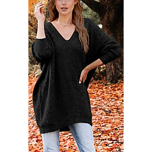 PRETTYGARDEN 2024 Casual Long Sleeve Sweater Dress V Neck Oversized Sweaters for Women Knitted Solid Long Pullover Jumper (Black,Small)