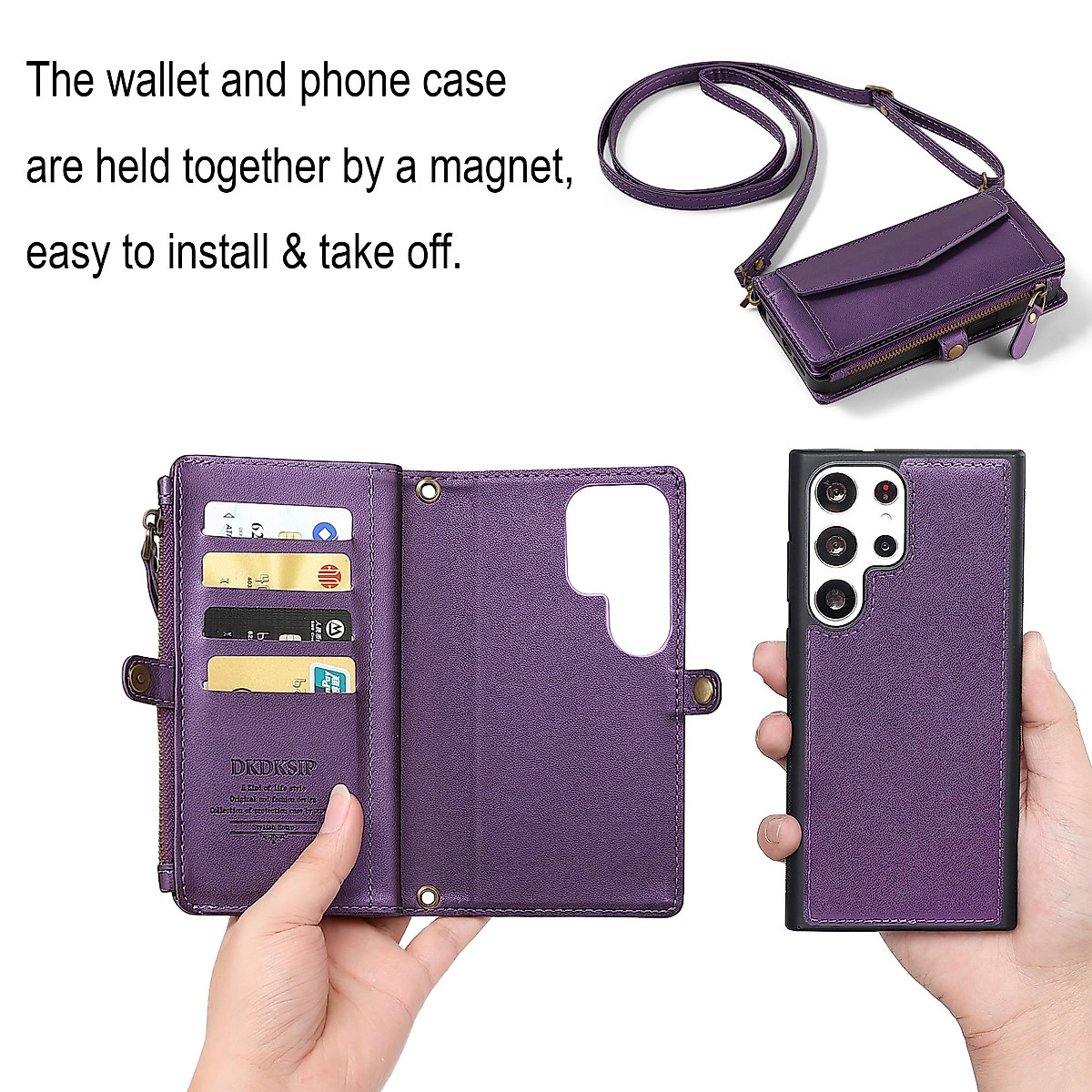 DKDKSIP for Samsung Galaxy S23 Ultra Wallet Case for Women, [Wireless Charging] [RFID Blocking] [12 Card Holder], Leather Detachable Magnetic Strap Phone Case for Galaxy S23 Ultra 6.8", Purple