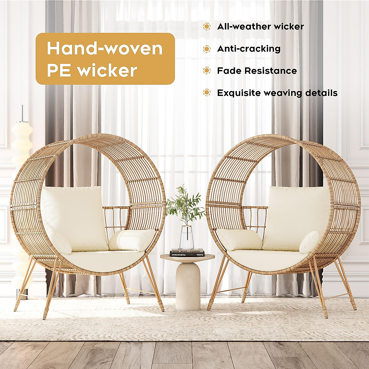 Yechen Egg Chair Outdoor, Oversized Wicker Patio Chairs with 350LBS Capacity, Rattan Porch Chair, 6.69'' Cushions for Living Room, Bedroom, Garden, Round Nest Chairs with Steel Stands Easy Assembly