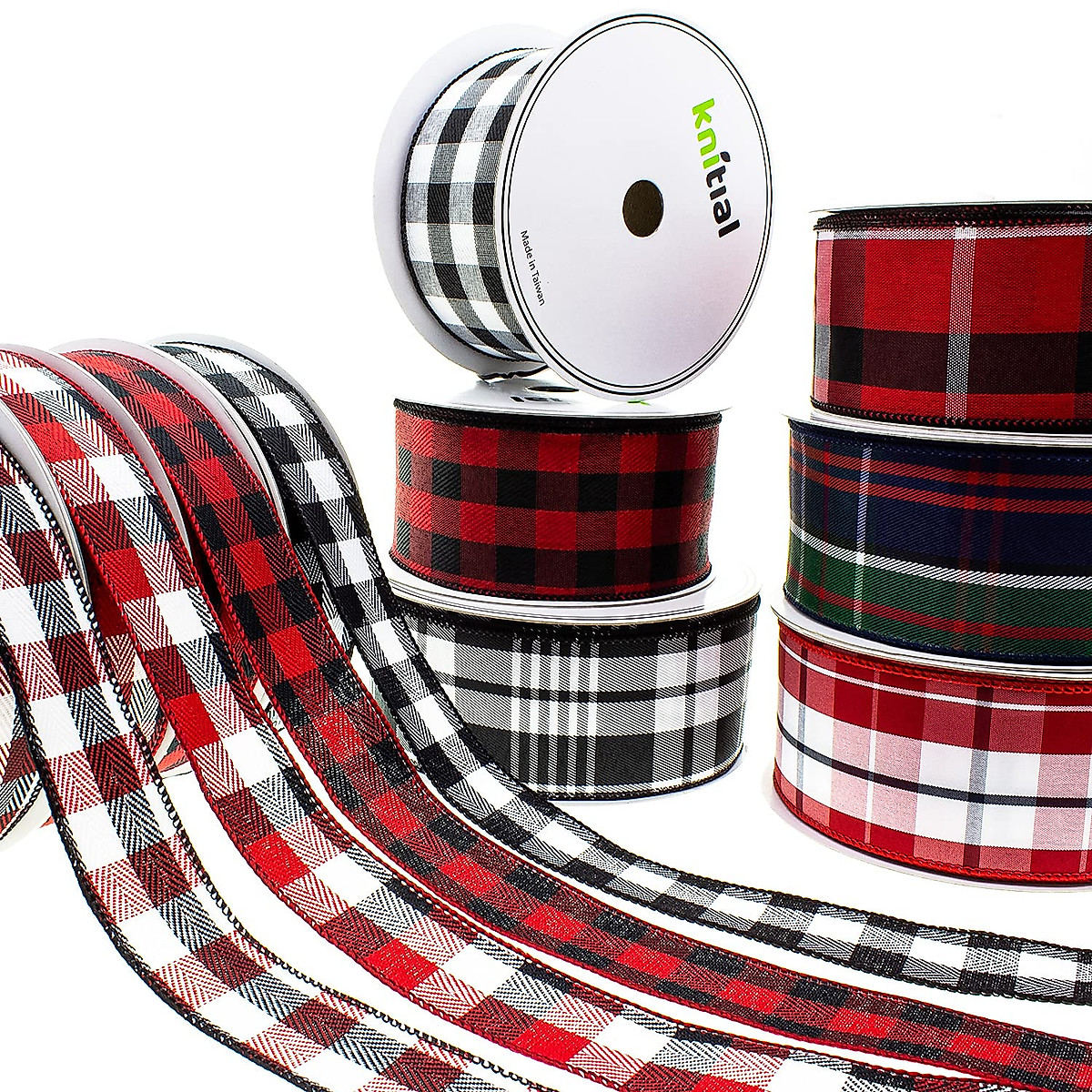 Knitial Wired Buffalo Plaid Ribbon 1-1/2 Inches x 25 Yards Black and White Buffalo Check Ribbon for Gift Wrapping, Crafts, and Decorations