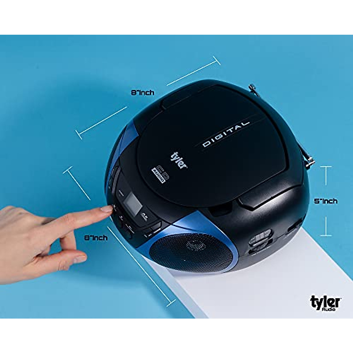 Tyler Portable CD Player Boombox Radio AM/FM Top Loading AC & Battery Compatible Aux Input & 3.5mm Headphone Jack Small Lightweight Compact Boom Box Home Stereo Speaker Carrying Handle Kids Room Blue