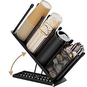 Ovicar Cup and Lid Holder - Adjustable Coffee Cup Holder Organizer 4 Compartment Disposable Cup Dispenser with Coffee Pod Straw Storage Basket for Coffee Station Bar Countertop Breakroom Metal Black