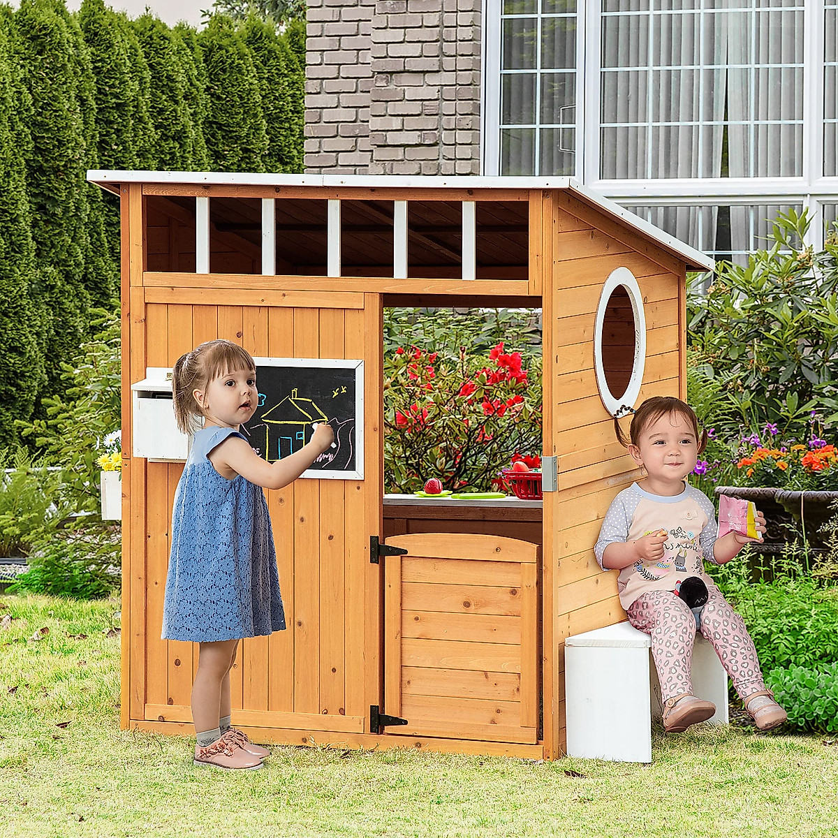 Outsunny Wooden Playhouse for Kids Outdoor with Working Door, Windows, Mailbox, Bench, Flowers Pot Holder, 48" x 42.5" x 53"