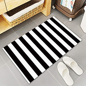 Black White Stripes Kitchen Rugs and Mats Set of 2, Washable Floor Doormat Comfort Area Runner Rug Non-Slip Rubber Backing for Indoor Classic Modern Striped