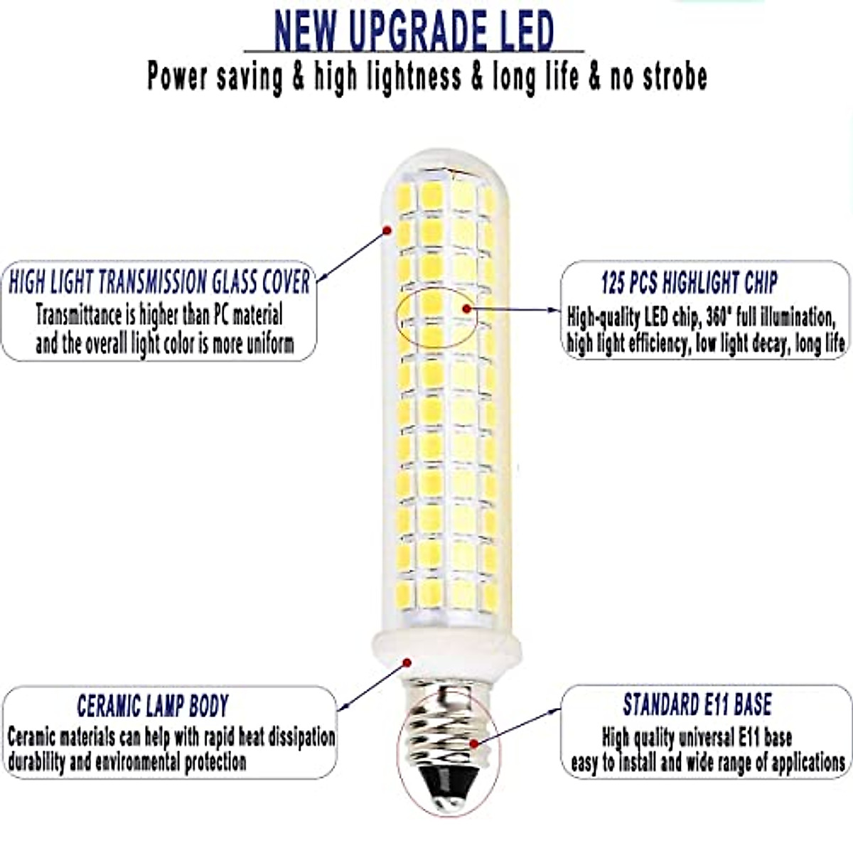 New Upgrade -E11 led Bulb,125 LEDs 100W 120W Halogen Bulbs Equivalent, 10w 1100lm, E11 Mini Candelabra Base White 6000k,AC 110V/130V,JD T3 T4 Bulb (2 Packs)