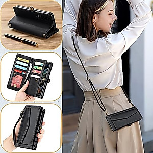 DKDKSIP for Samsung Galaxy Z Fold 5 Wallet Case for Women, RFID Blocking Card Holder, PU Leather Flip Phone Case with Crossbody Strap Wristlet Kickstand for Galaxy Z Fold 5, Black