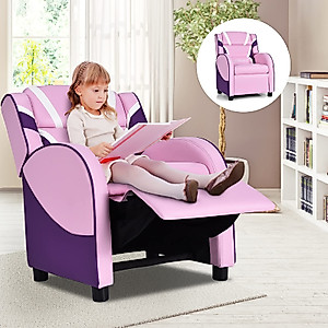 Moccha Kids Recliner Chair with Side Pockets for Boys and Girls Room, Adjustable Kids Couch Chair w/Footrest, Ergonomic Toddler Furniture Sofa (Pink)