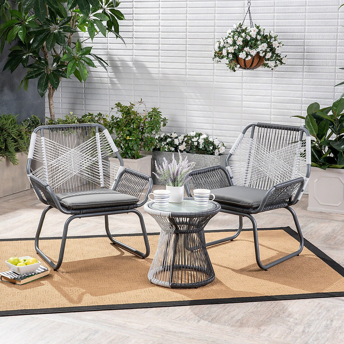 Christopher Knight Home Aiden Outdoor 3 Piece Faux Rattan Chair Set, Gray and White