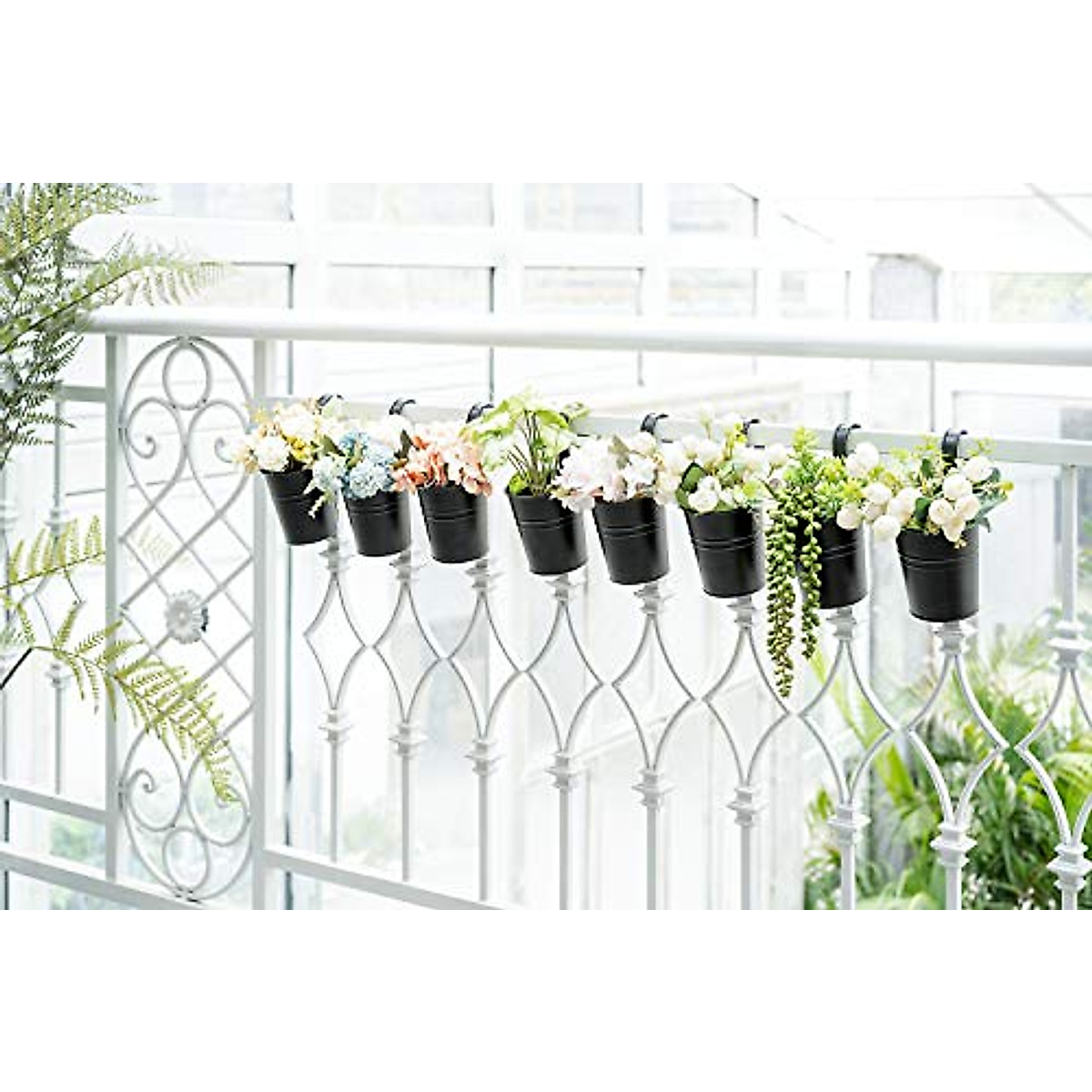 Dahey 10 Pcs Hanging Flower Pots Metal Iron Bucket Planter for Railing Fence Balcony Garden Home Decoration Flower Holders with Detachable Hooks, Black, 4 Inches