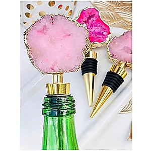 LUXE CRYSTAL CO. Handcrafted Purple Magenta Pink Agate Druzy Gold Natural Crystal Wine Champagne Stopper Handmade Bottle Barware Housewarming Bridal Shower (Pink)