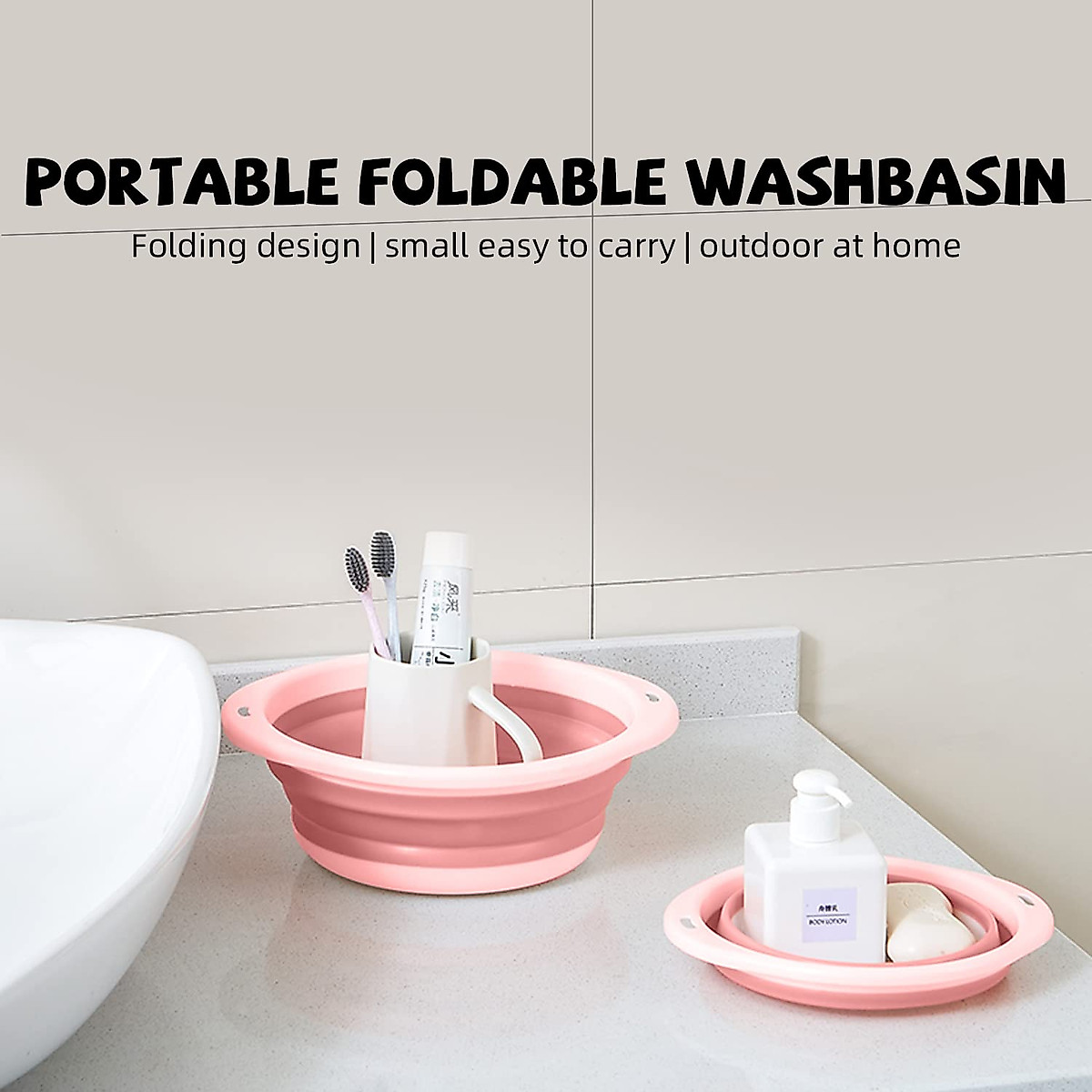 Iimin 5L Multifunctional Foldable Washbasin Collapsible Portable Wash Basin Dishpan Outdoor Travel Portable Washbasin for RV, Camping, Marine, BBQ（2Pack，Pink）