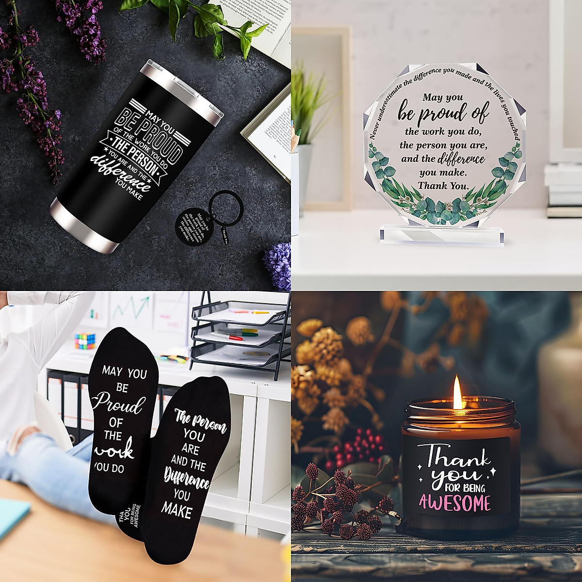 SIXVALA Employee Appreciation Gifts Set, Best Coworker Gifts for Men, 20 Oz Tumbler Thank You Gifts Basket with Scented Candle Socks Keychain Inspirational Acrylic Sign for Employee Teacher Professor