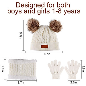 Kids Winter Hat Gloves Scarf Set, Girls Toddler Kids Beanie Hat with Pom Knit Gloves Neck Warmer for Girls Boys (White)