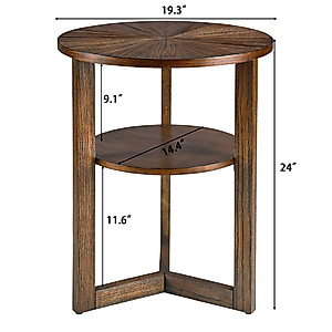 VERDANTREE 19.3 Small Round End Table with Storage Open Shelf, Narrow Side Table, Telephoto Table, Farmhouse Beside Table with Solid Wood Leg for Living Room, Easy Assembly, Vintage Brown BZ3338NC