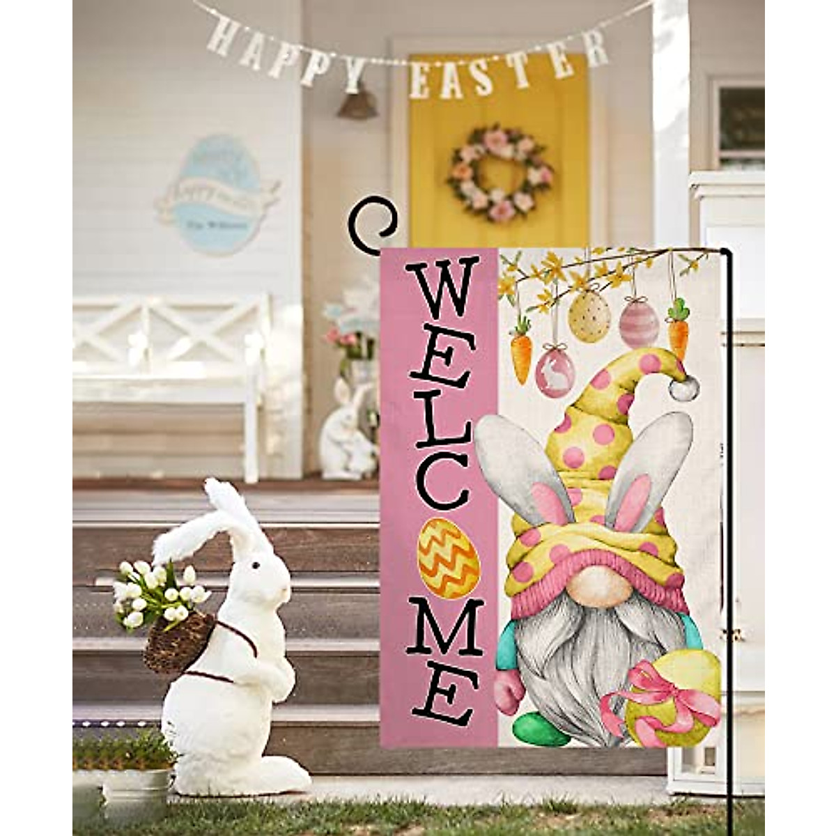 Easter Gnome Garden Flag 12x18 Vertical Double Sided Welcome Spring Easter Eggs Farmhouse Holiday Outside Decorations Burlap Yard Flag BW246