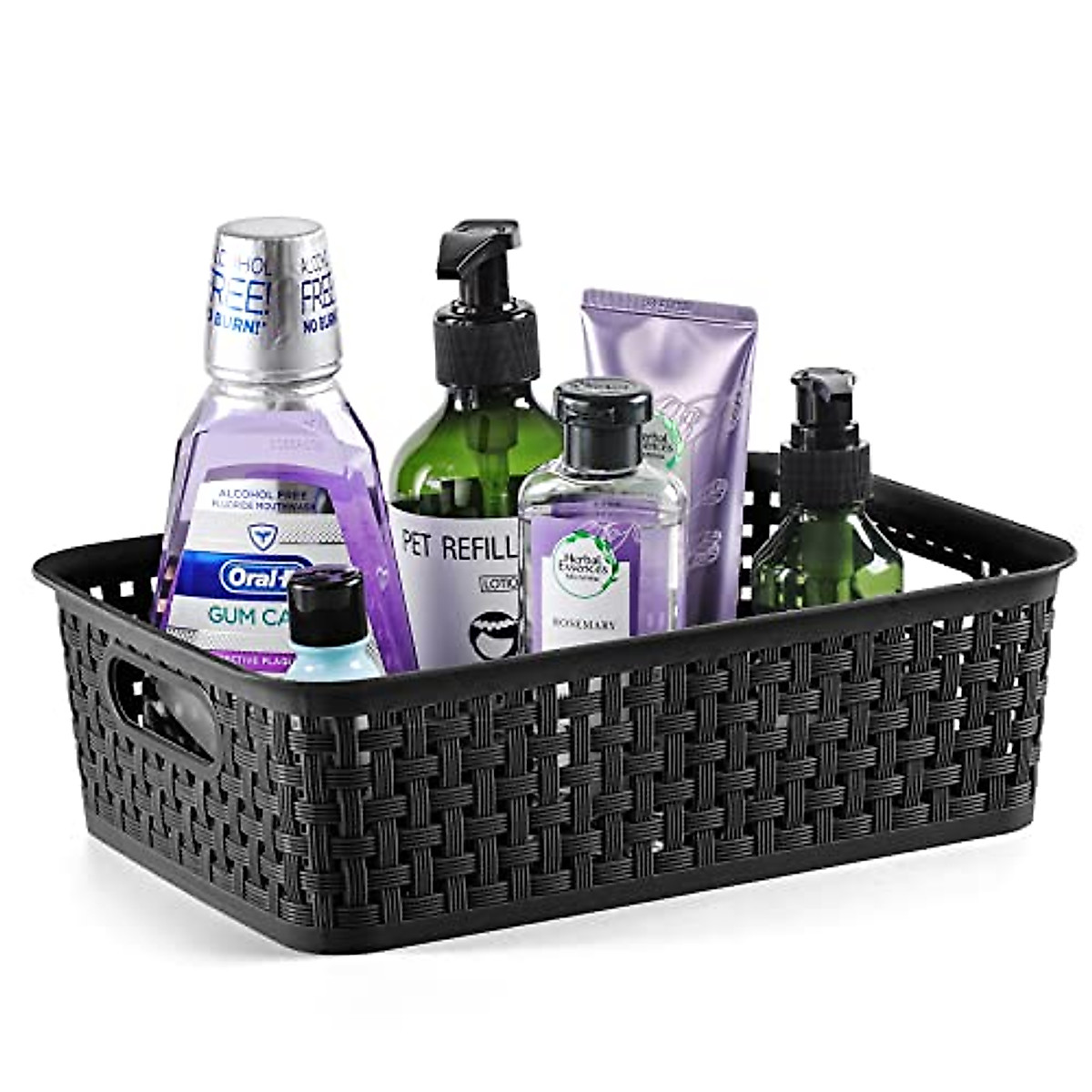 [ 12 Pack ] Plastic Storage Baskets - Small Pantry Organization and Storage Bins - Household Organizers for Laundry Room, Bathrooms, Kitchens, Cabinets, Countertop, Under Sink or On Shelves - Black