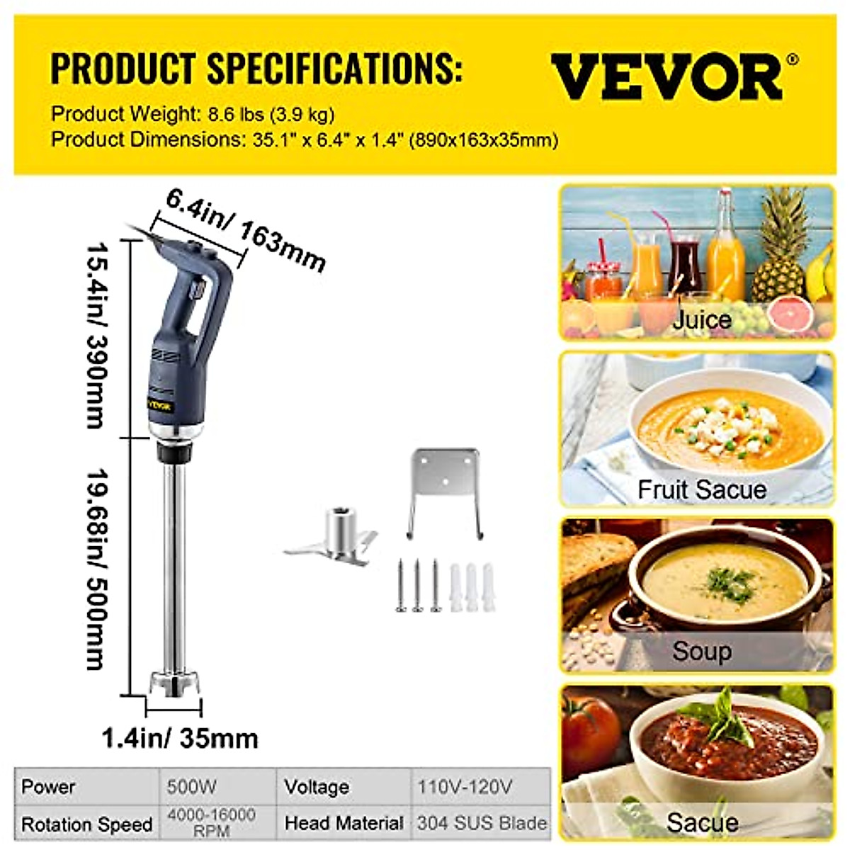 VBENLEM Commercial Immersion Blender 500W Power, Hand Held Mixer with 19.7-Inch 304 Stainless Steel Removable Shaft, Electric Stick Blender Variable Speed 4000-16000RPM