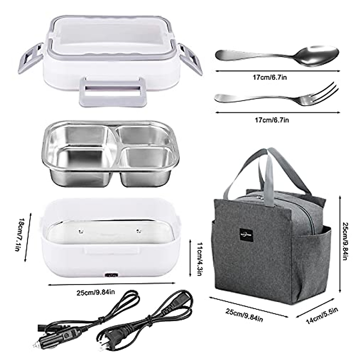 NICEPRO Heated Bento Box Electric Lunch Box Portable Food Warmer Heating Lunch Box Lunch Heater for Car&work Leak Proof 12V 24V110V 3 Grid Plate Removable Container for Adults with Carry Bag (White)