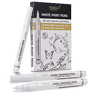 PANDAFLY White Paint Pens, 8 Pack 0.7mm Acrylic Permanent Marker 6 White With 2 Black Paint Pens for Wood Rock Plastic Leather Glass Stone Metal Canvas Ceramic, Extra Fine Point Opaque Ink