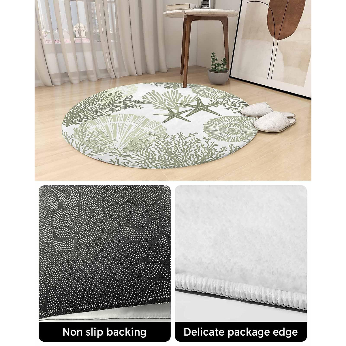Sage Green Shell Fluffy Round Area Rug Carpets 3.3ft, Plush Shaggy Carpet Soft Circular Rugs, Non-Slip Fuzzy Accent Floor Mat for Living Room Bedroom Nursery Ocean Nautical Starfish Abstract Geometric