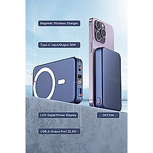 vatemax Power Bank Fast Charging, 10000mah Portable Charger Power Bank Magnetic Portable Charger 22.5W Wireless Power Bank USB PD QC3.0 Type-C Led Display Magnetic Power Bank (Blue)